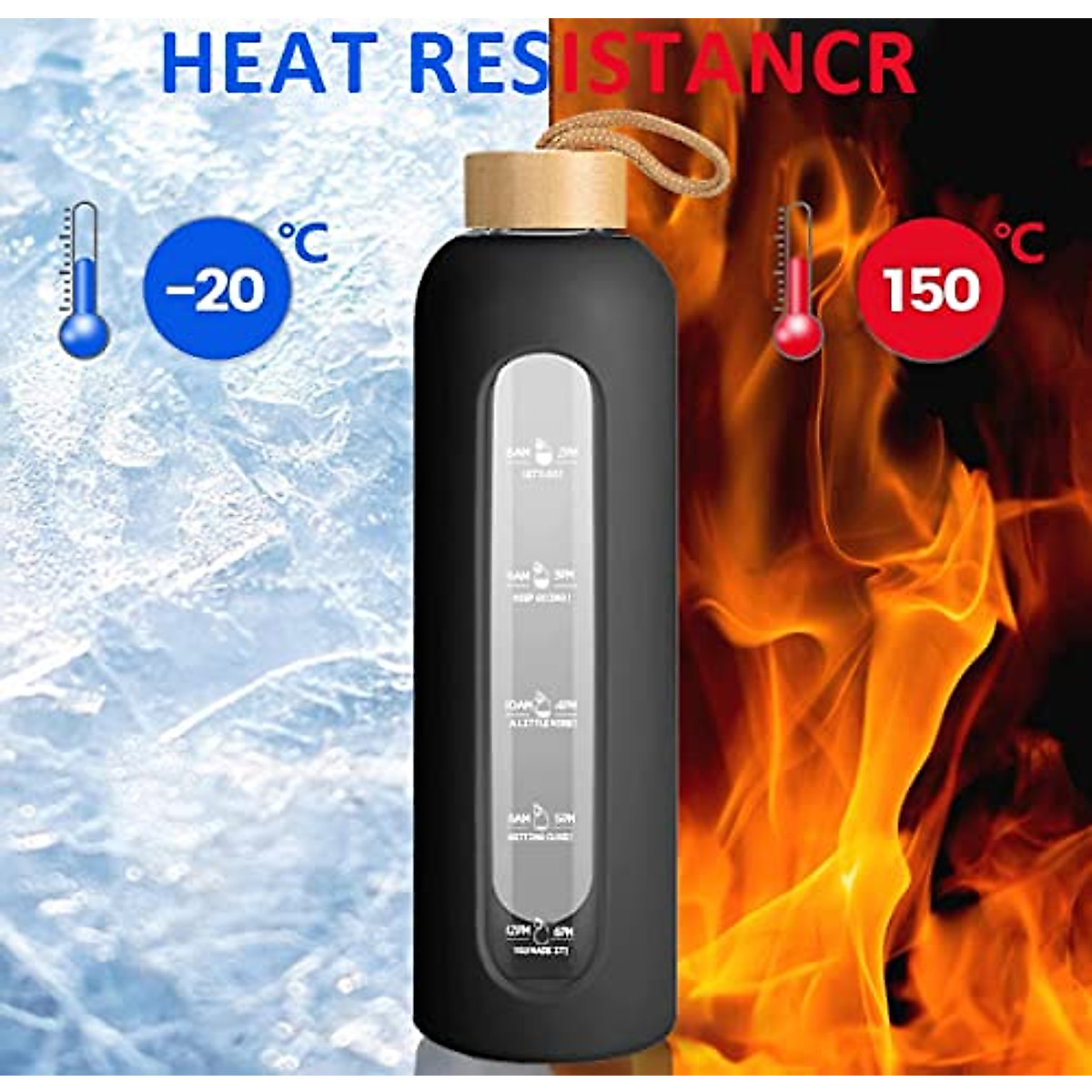 Sursip 32oz Motivational Glass Water Bottle with Time Marker, Silicone Sleeve, and Bamboo Lid - 1 Liter Reusable Drinking Bottle with Ice Cube Tray, Leak-Proof Design