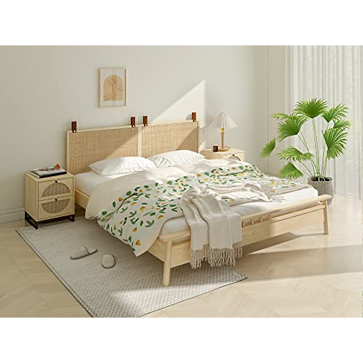 ZeHuoGe Natural Rattan Queen Headboard Decorative Panel with 2 Faux PU Leather Trim Strips, Wall-Mounted Headboard (Queen)