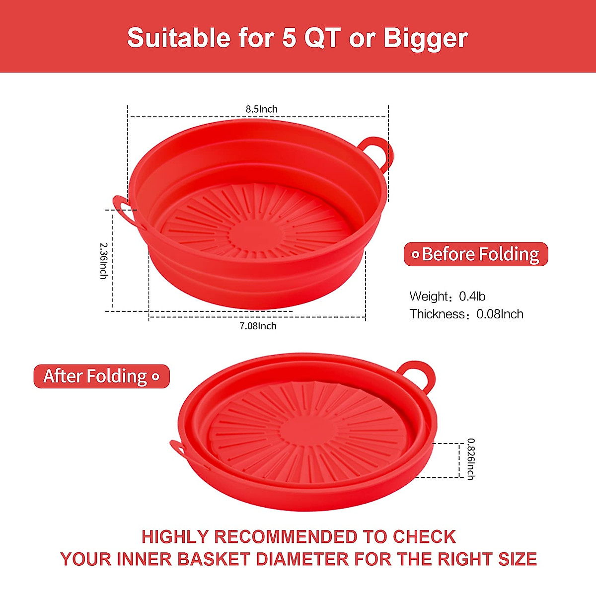 Air Fryer Silicone Liners - Reusable & Foldable Round Airfryer Oven Silicon Basket Instant Pot Liner 8.5 Inch For 5.3QT or Bigger
