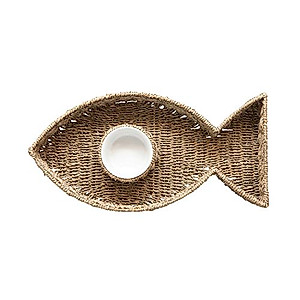 Creative Co-Op Hand-Woven Seagrass Fish Shaped 8oz. Ceramic Chip & Dip Bowl, 8 oz, Natural