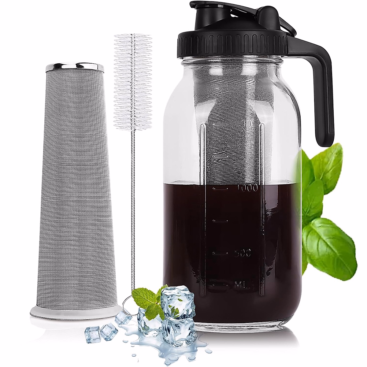 PNHYTUGY Cold Brew Coffee Maker - 64 Oz Heavy Duty Glass Mason Jar Pitcher with Stainless Steel Filter, Pour Spout Handle Lid, Leak - proof Design, Ideal for Iced Coffee and Tea - Black