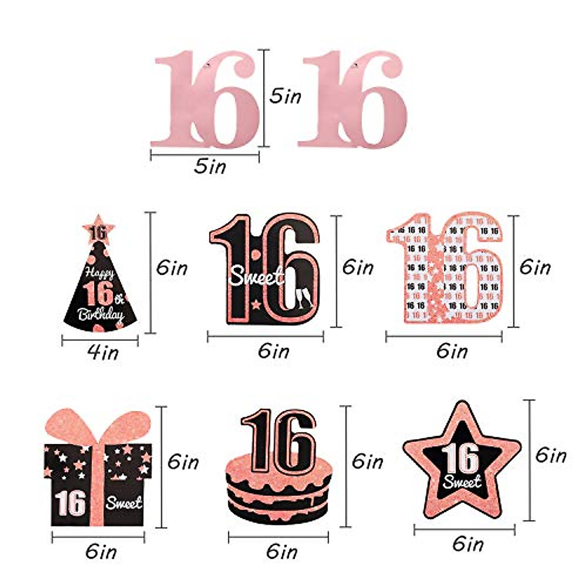 Excelloon 16th Birthday Decorations, 8Pcs 16 Foil Hanging Swirls, Sweet 16 Birthday Hat Cake Present Star Decorations, Happy 16th Birthday Party Supplies (Rose Gold)