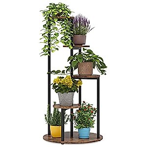 LITTLE TREE 5-Tier Corner Plant Stand, Free Standing Wood Metal Flower Rack Pot Shelf Display with Round Board, Garden Patio Balcony Plant Holder for Indoor Outdoor Living Room, Bedroom, Rustic Brown