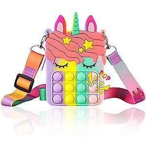 Gifts for Kids Rainbow Unicorn Purse Bag for Girls and Women, Fashion Pop Purse Push Bubbles Fidget Toy, Wallet Ladies Bag Silica Dimple Crossbody Bags For Girls
