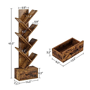 Rolanstar Bookshelf with Wooden Drawer, 7 Shelf Tree Bookshelf, Modern Book Storage, Free Standing Tree Bookcase, Utility Organizer Shelves for Home Office, Living Room, Bedroom, Rustic Brown