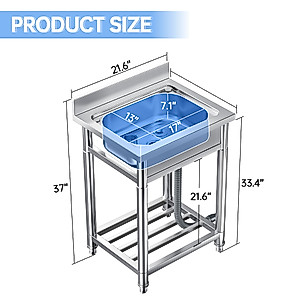 JOPHUN Stainless Steel Sink, Free Standing Single Bowl Kitchen Sink w/Storage Shelves Indoor Outdoor