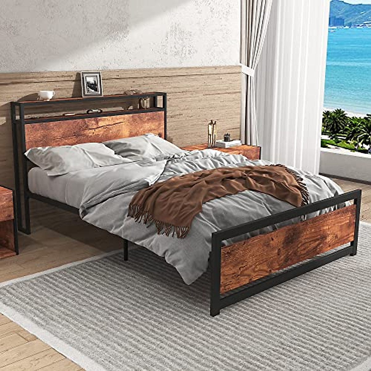 Osfvolr Full Size Bed Frame, Industrial Metal Platform Bed Frame with 2 Tier Storage Wooden Headboard and Footboard, Large Under Bed Storage, No Box Spring Needed, Easy Assembly, Vintage Brown