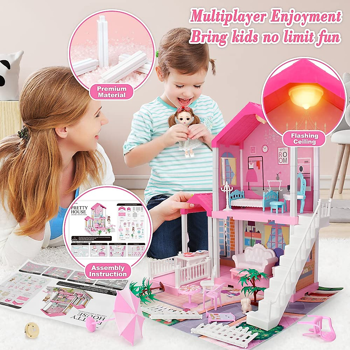 Mini Tudou Dollhouse for Girls, Doll House with Lights, Play Mat and Dolls, DIY Building Pretend Play House with Accessories Furniture and Household Items,Playhouse for Girls 3-12 (3 Rooms)