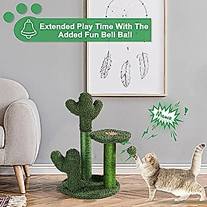 T2Y Cat Scratching Post - Cactus Cat Scratcher Tower with 3 Scratch Post and Dangling Bell Ball, Full Wrapped Premium Natural Sisal Scratching Post for Indoor Cats - Medium
