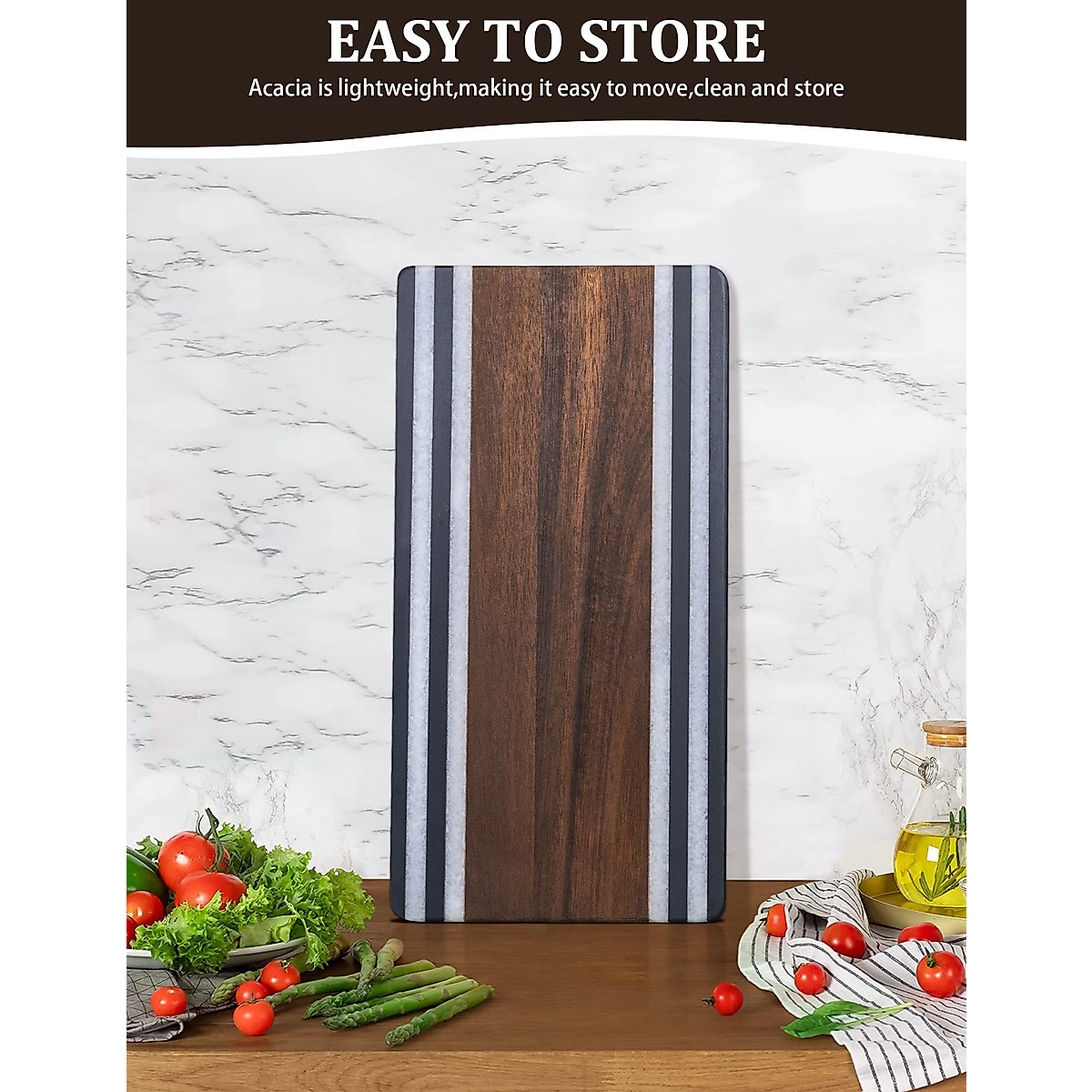 Fkksparkler Marble and Wood Cutting Boards, 14 X 7 inches Charcuterie Boards, Acacia Wood Serving Board for Kitchen, Cheese Board with Black and White Marble Edges Trays For Serving Food.