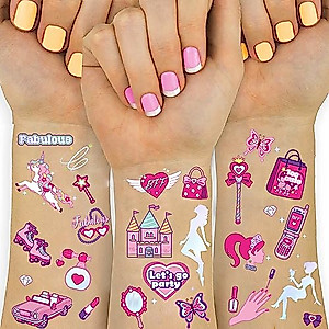 Konsait 96pcs Glitter Pink Temporary Tattoos for Girls Kids Tattoos Temporary for birthday party -Waterproof Princess Fairy Tattoos for Birthday Party Favors