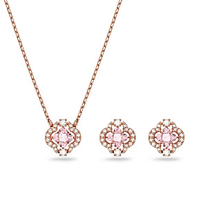 Swarovski Women's Una Necklace and Pierced Stud Earring Jewelry Set with Pink and White Crystals in a Rose-Gold Tone Finished Setting
