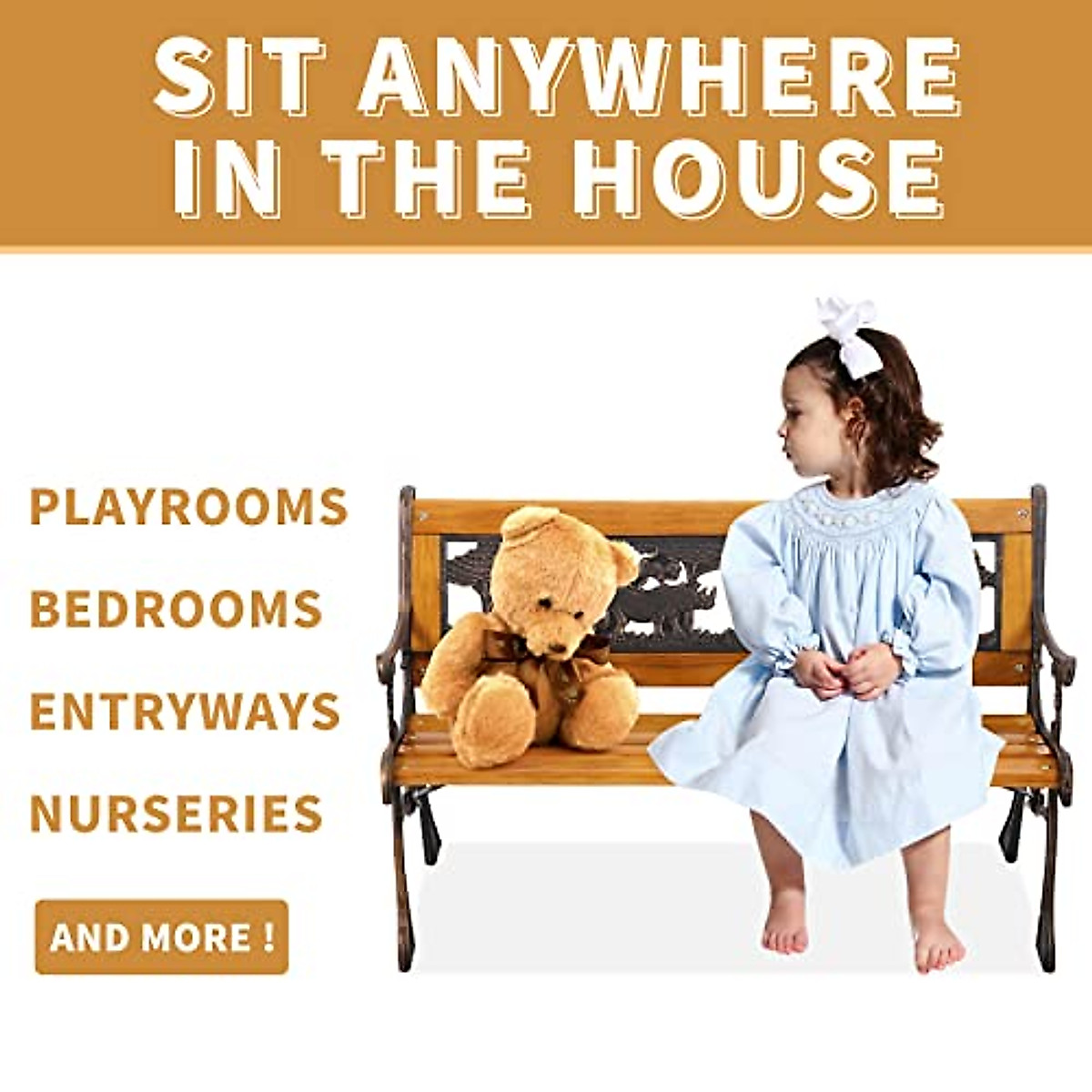 YRLLENSDAN Metal Patio Bench for Kid, 32in Wood Small Outdoor Bench Clearance Cute Children Bench Outside Bench Animals Back Garden Bench for Porch Lawn- Bronze