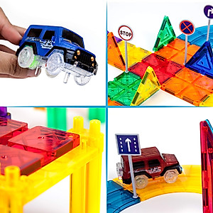 PicassoTiles 80 Piece Race Car Track + Ideabook with Over 150+ Ideas, Magnet DIY Playset 2 Light Up Car STEM Learning Kit Hand-Eye Coordination Fine Motor Skill Training, Unique Innovative Creations