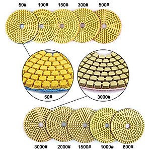 ADVcer Wet Diamond Polishing Pads Set, 4" 10 Pads 50 to 3000 Grit with Hook and Loop Backing Holder Disc - Ideal Buffing Kit for Granite Concrete Marble Stone Countertop Tile Floor Grinder or Polisher