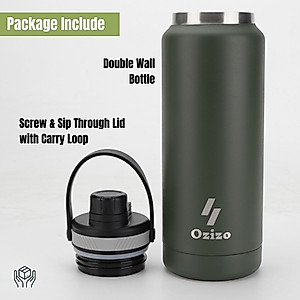 Water Bottle Thermos, 34 oz Flip Top Leakproof Lid, Ozizo Insulated Stainless Steel Water Bottle