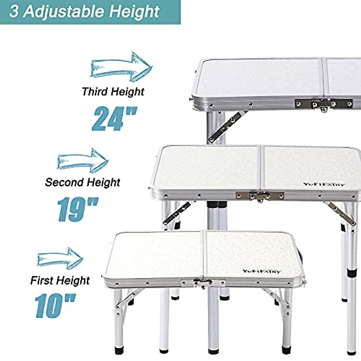 YUFIFAIRY Small Folding Table Portable, 24''L x16''W Foldable Camp Table with 3 Adjustable Height, Indoor Outdoor Lightweight Aluminum Table for Outdoor Cooking Picnic, (3 Heights)
