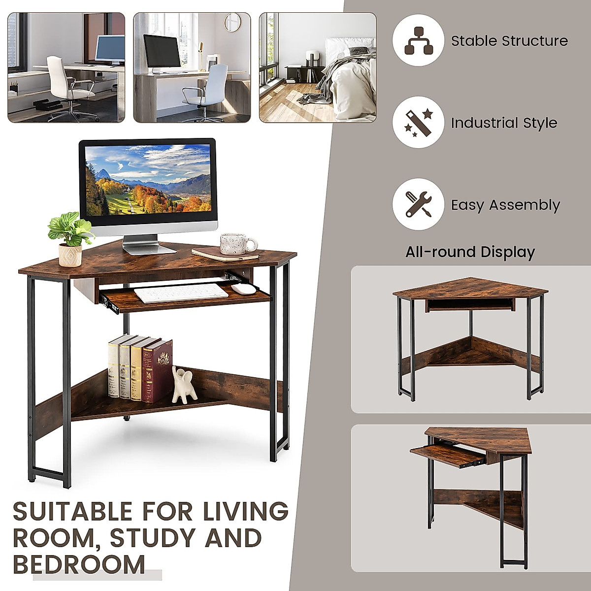 MEDIMALL Triangle Computer Desk, Small Corner Writing Table with Power Outlets, Keyboard Tray & Storage Shelf, Strong Metal Frame, Home Office Workstation Gaming Desk for Small Spaces, Rustic Brown