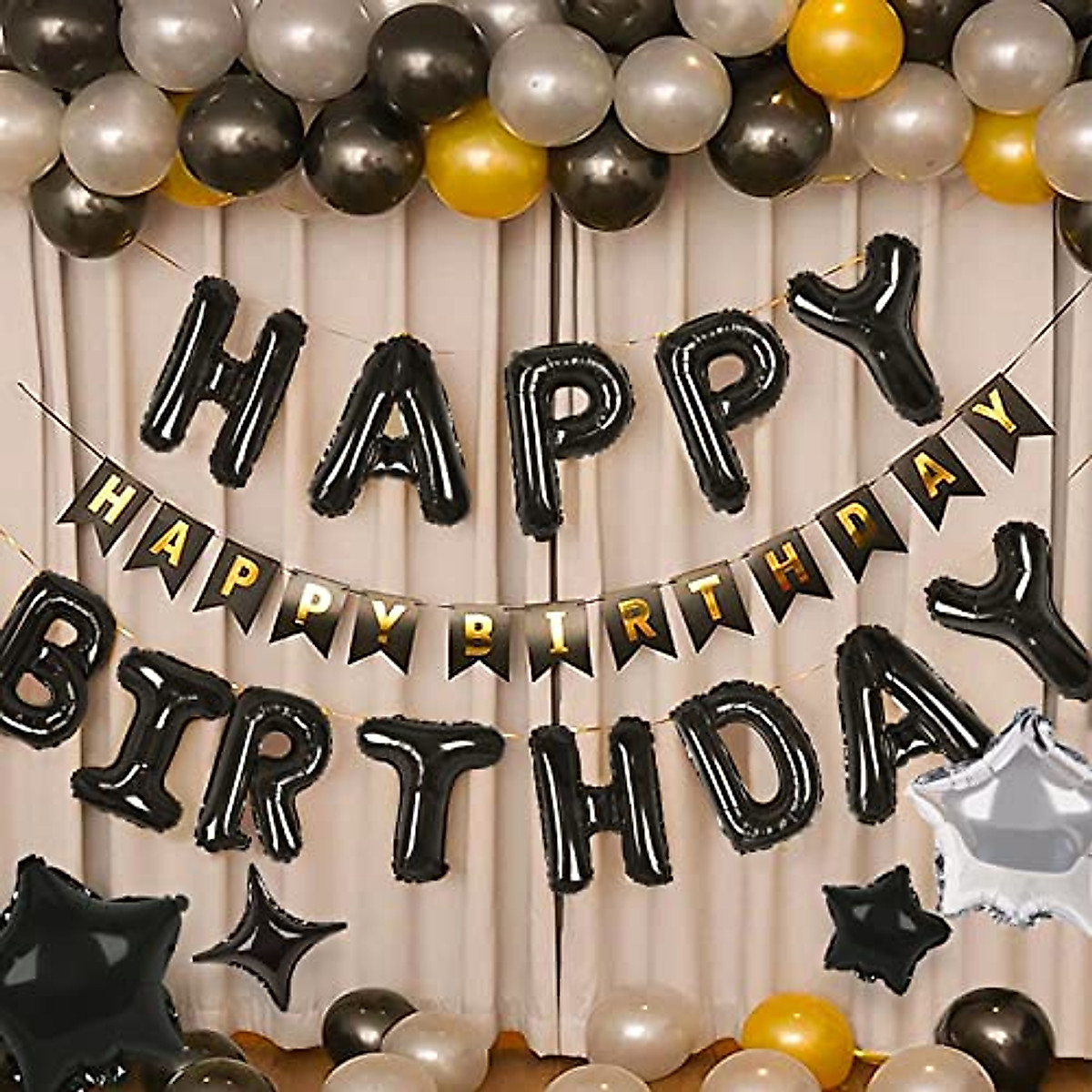 CANREVEL Happy Birthday Banner 13pcs 16 Inch Mylar Foil Letters with 12pcs Star Balloons Birthday Party Decorations for Kids and Adults - 3D Black