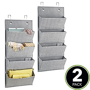 mDesign Soft Fabric Over The Door Hanging Storage Organizer with 4 Large Pockets for Closets in Bedrooms, Hallway, Entryway, Mudroom - Hooks Included - Textured Print, 2 Pack - Gray