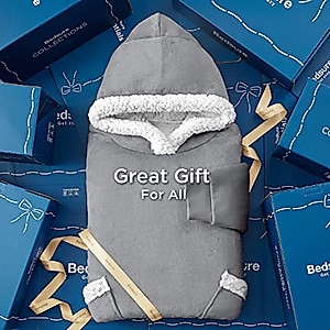 BEDSURE Ovesized Wearable Blanket Hoodie, Long Sherpa Fleece Blanket Sweatshirt as Gifts for Men, with Warm Big Hood for Christmas, Side Split and Belt, Grey, Standard