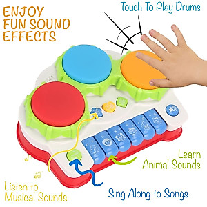 Baby Musical Keyboard Toy Piano for Toddlers 1-3, Drum Toy Set with Songs, Animal Sounds and Lights, Piano Xylophone for Kids Drums Montessori Learning Electronic Baby Instruments 12-18 Months