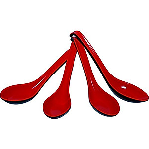 Calvin & Co Set of 4 Melamine Miso Soup Cereal Bowls and Spoons (Red & Black, Large)