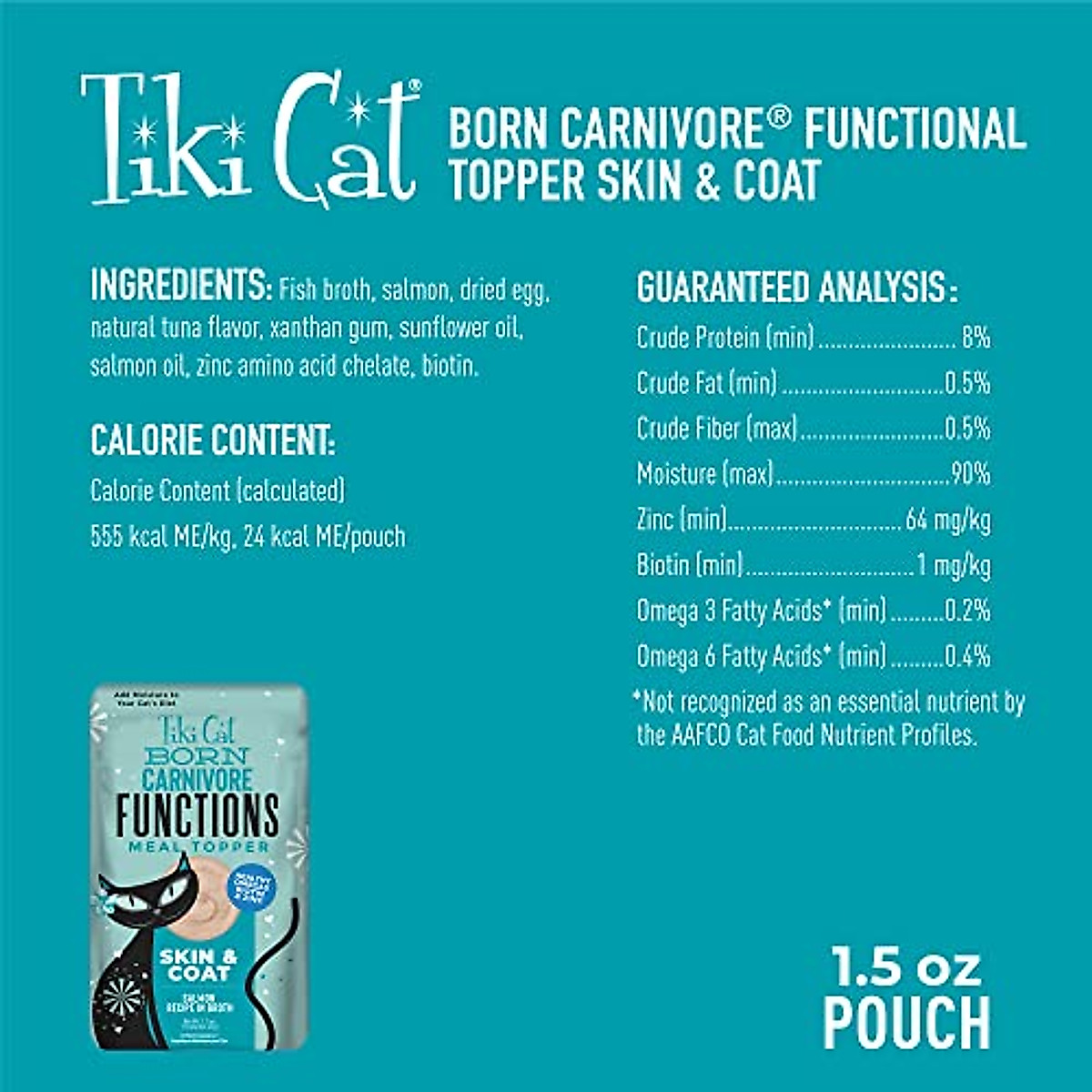 Tiki Cat Born Carnivore Functional Topper Skin & Coat, Salmon in Broth, Highly Palatable with Aromatic Salmon for Picky Eaters, Wet Cat Food Mousse, 1.5 oz. Pouch, (Pack of 12)