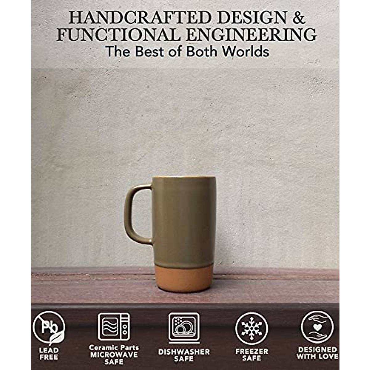 Mora Ceramics Large Tea Mug with Loose Leaf Infuser and Ceramic Lid, 18 oz, Portable, Microwave and Dishwasher Safe, Tall Coffee Cup - Rustic Matte Ceramic Glaze, Modern Herbal Tea Strainer, Olive