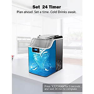 Kndko Nugget Ice Maker with Chewy Ice,High Ice-Making of 45lbs/Day/14,000pcs, Self-Cleaning,24-Hour Timer for Home Kitchen Bar Party,Bright Black Stainless Steel