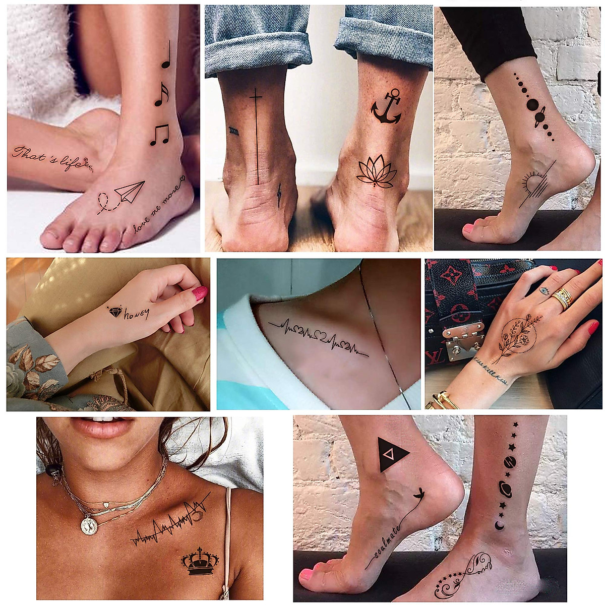 Yazhiji Tiny Waterproof Temporary Tattoos - 60 Sheets, Moon Stars Constellations Music Compass Anchor Words Lines Flowers for Kids Adults Men and Women.