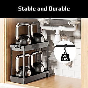 Cicilyna Under Sink Organizer, Under Cabinet Basket Organizer Drawer with Hooks, Bathroom Standing Rack, Multi-purpose Storage Shelf, Black