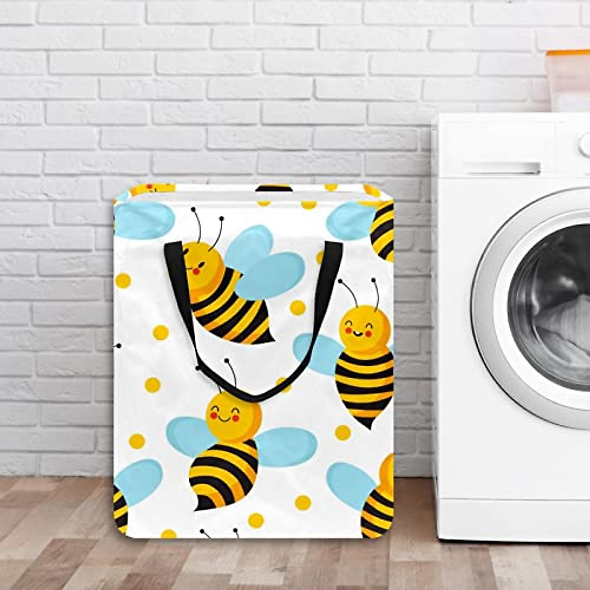 Flying Bee and Yellow Dots Print Collapsible Laundry Hamper, 60L Waterproof Laundry Baskets Washing Bin Clothes Toys Storage for Dorm Bathroom Bedroom