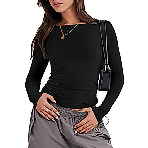 ANRABESS Women Long Sleeve Crop Top Basic Tees Tight Fitting T-Shirt Trendy 2023 Fall Shirts Undershirts Sexy Casual Going Out Cropped Tops 1029heise-S Black