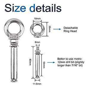 INCREWAY Expansion Bolt, 4 Pcs 304 Stainless Steel Ring Lifting Anchor Eyebolt Expansion Screw with Ring Closed Hook Internal Expansion Bolt Fastner for Concrete Wall, M8 x 80mm