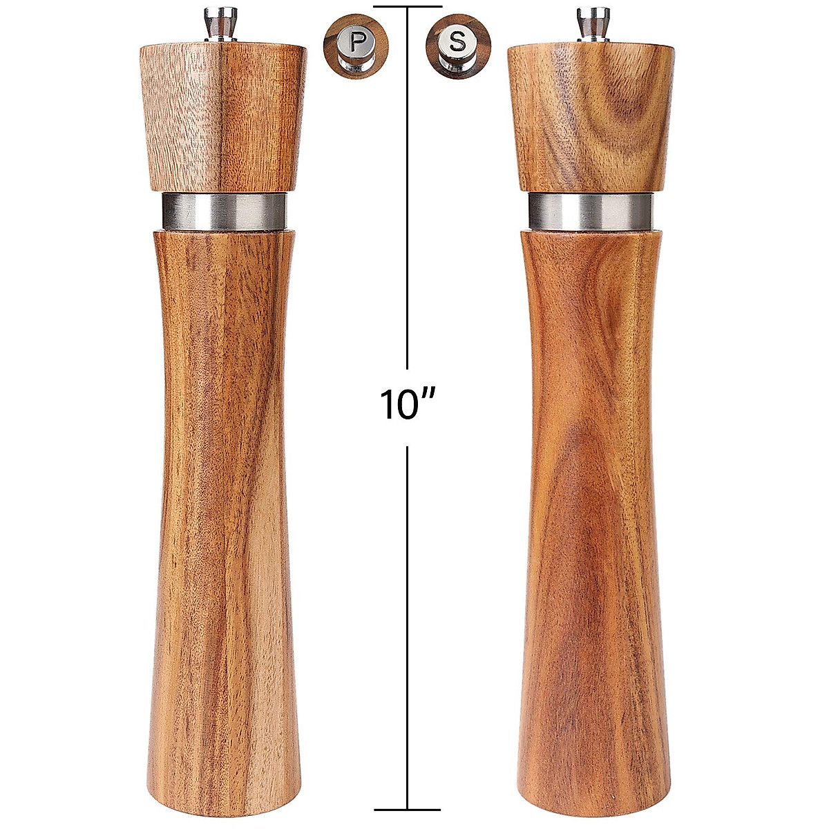 Pepper Grinder, VanlonPro Wooden Pepper Mill Salt Mill, Adjustable Coarseness Peppermill and easily refillable, Ceramic Grinding Mechanism (10 Inch, 2 Pack)