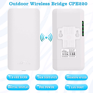 CPE220 5.8G Wireless Bridge W/Bracket Mount,PTMP WiFi PTP Point to Point Access Outdoor Network CPE 2KM Transmission Distance with 12DBi Antenna 2 LAN 100MBps Ethernet Port 24V PoE 2-Pack