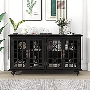 P PURLOVE 60" Long Wood Storage Cabinet with Adjustable Height Shelves,Sideboard Table Cabinet with Metal Handles and 4 Doors for Living Room, Bedroom, and Hallway,Black