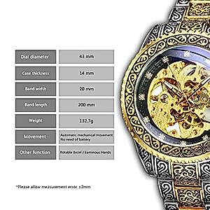 FANMIS Mens Luxury Engraving Wrist Watches Unique Tattoo Pattern Carved Stainless Steel Band Luminous Automatic Skeleton Watch (Gold Black)