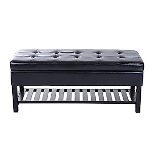 HOMCOM 44" Tufted Faux Leather Ottoman Storage Bench with Shoe Rack - Black