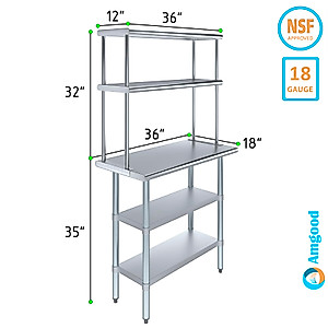 Amgood Stainless Steel Work Table with 2 Shelves | Metal Kitchen Prep Table & Shelving Combo (18" x 36" Table with 2 Shelves + 12" Overshelf)