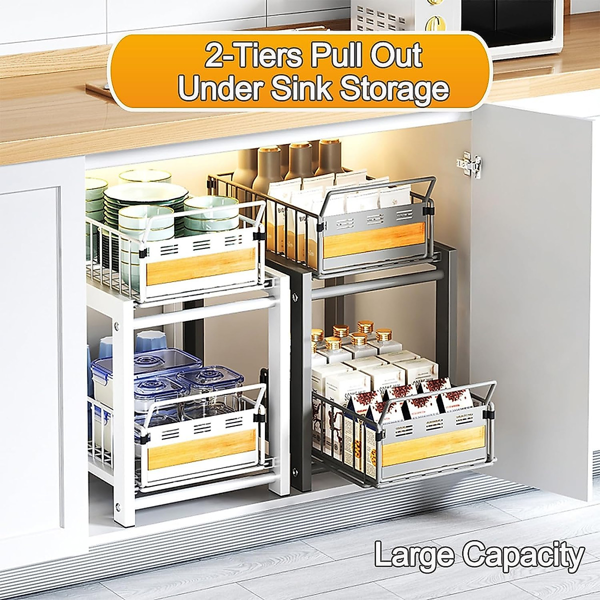 Fangtueh Under Sink Organizer, 2-Tier Pull Out Under Sink Organizers and Storage, Stainless Steel Under The Sink Organizer Bathroom Kitchen Sink Cabinet Organizer Undersink Organization, 1Pack Black