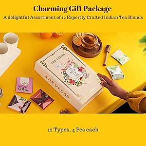 The Vedas Book Of Tea Gift Set | Assorted Tea Bags Gift Box | 12 Exotic Herbal Tea Blends | 4 Units of Each Variety, Net 48 | Best for Corporate Gifting | Tea Gift Hamper