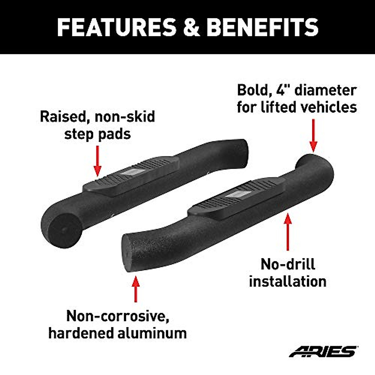 ARIES AL231008 Big Step 4-Inch Round Black Aluminum Nerf Bars, Select Jeep Wrangler JK