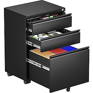 Pataku 3 Drawer Mobile File Cabinet with Lock, Under Desk Metal Filing Cabinet for Legal/Letter/A4 File, Fully Assembled Rolling File Cabinet Except Wheels, Black