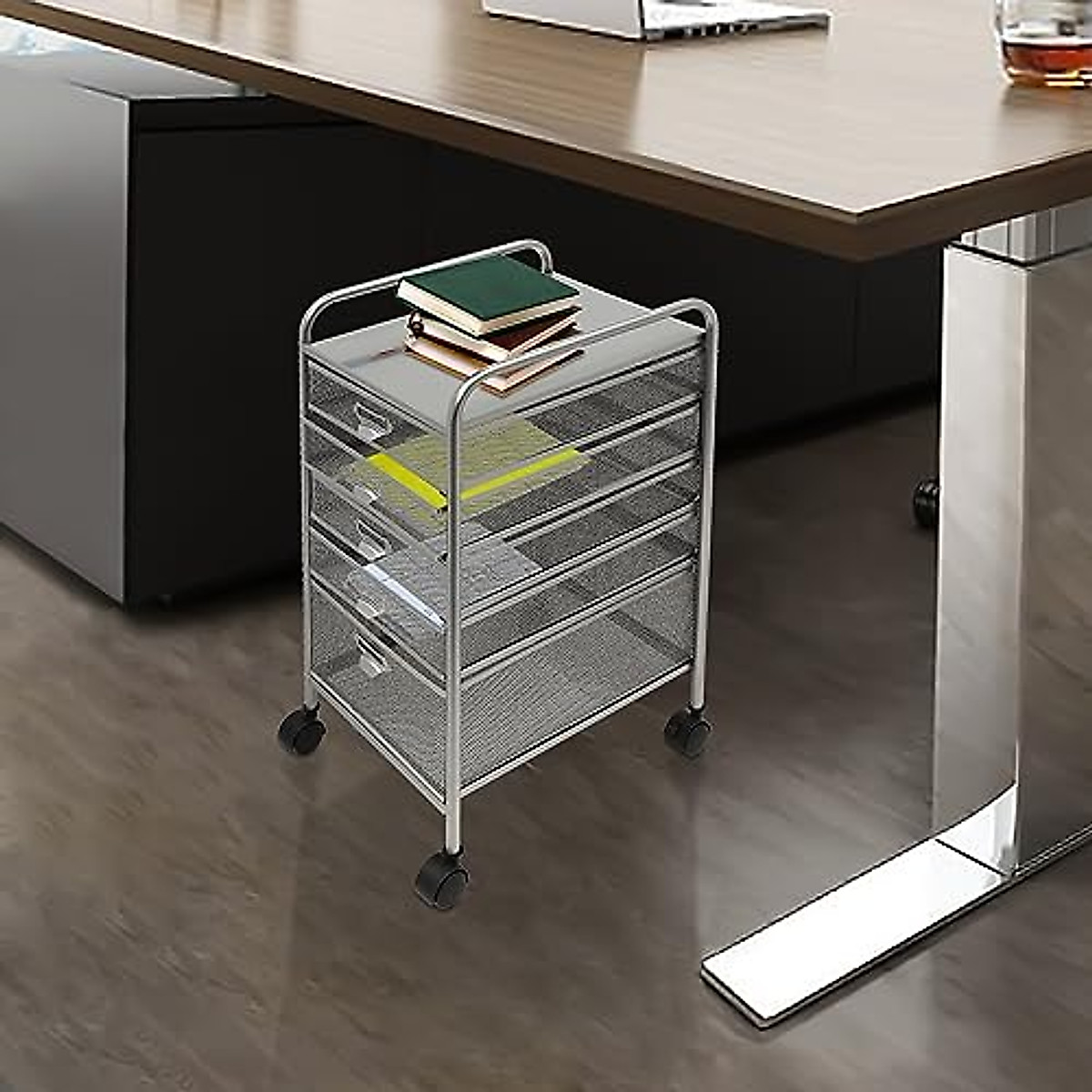 Rolling Carts with Wheels and Drawers, Metal Mesh 5 tier Rolling File Cart File Cabinet with Drawers Storage Cart, Silver