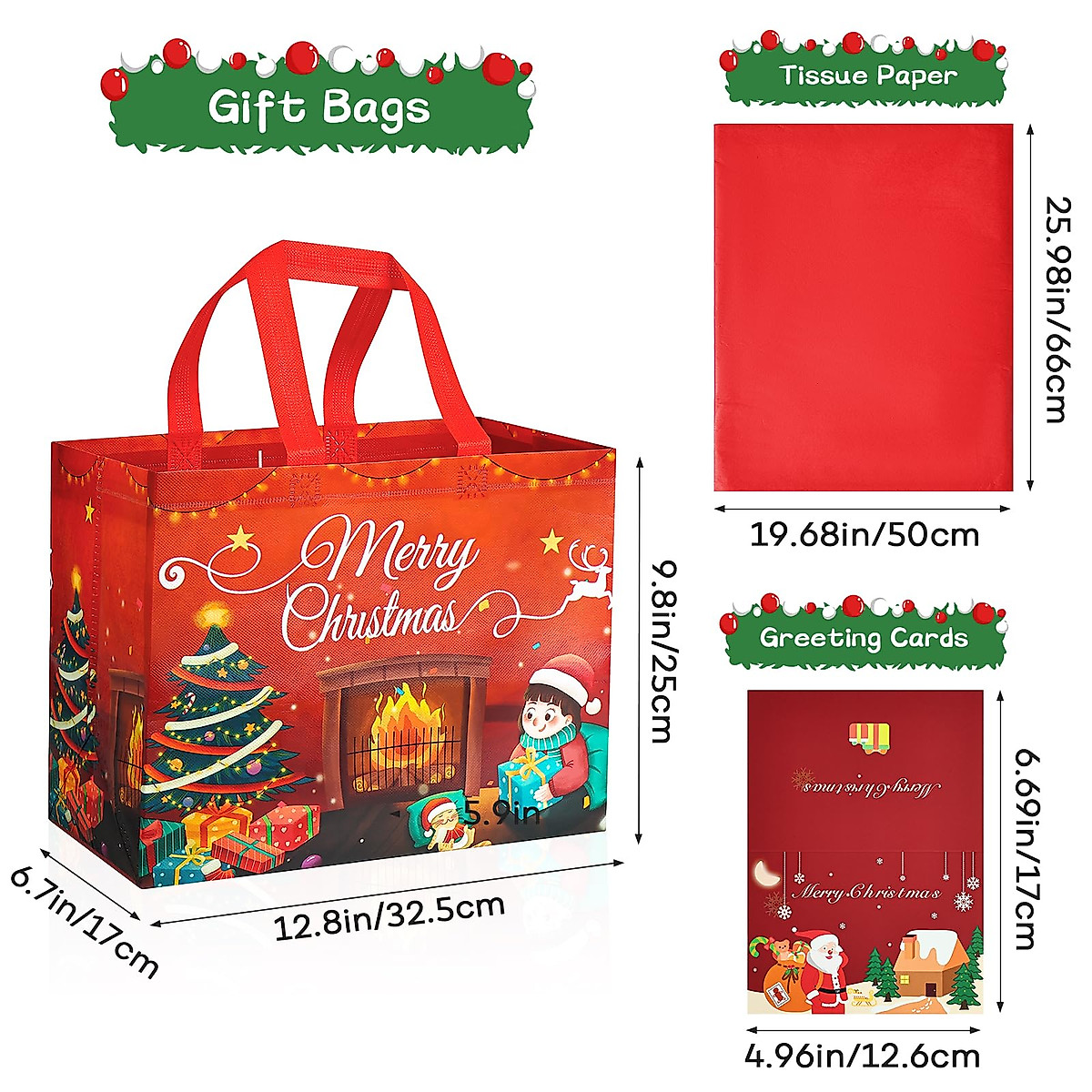 JMANNI Gift Bags (6pc) - Christmas Bags with Tissue Paper & Cards, Non-Woven, Durable, Reusable, for Gifts Wrapping, Holiday Parties & Shopping