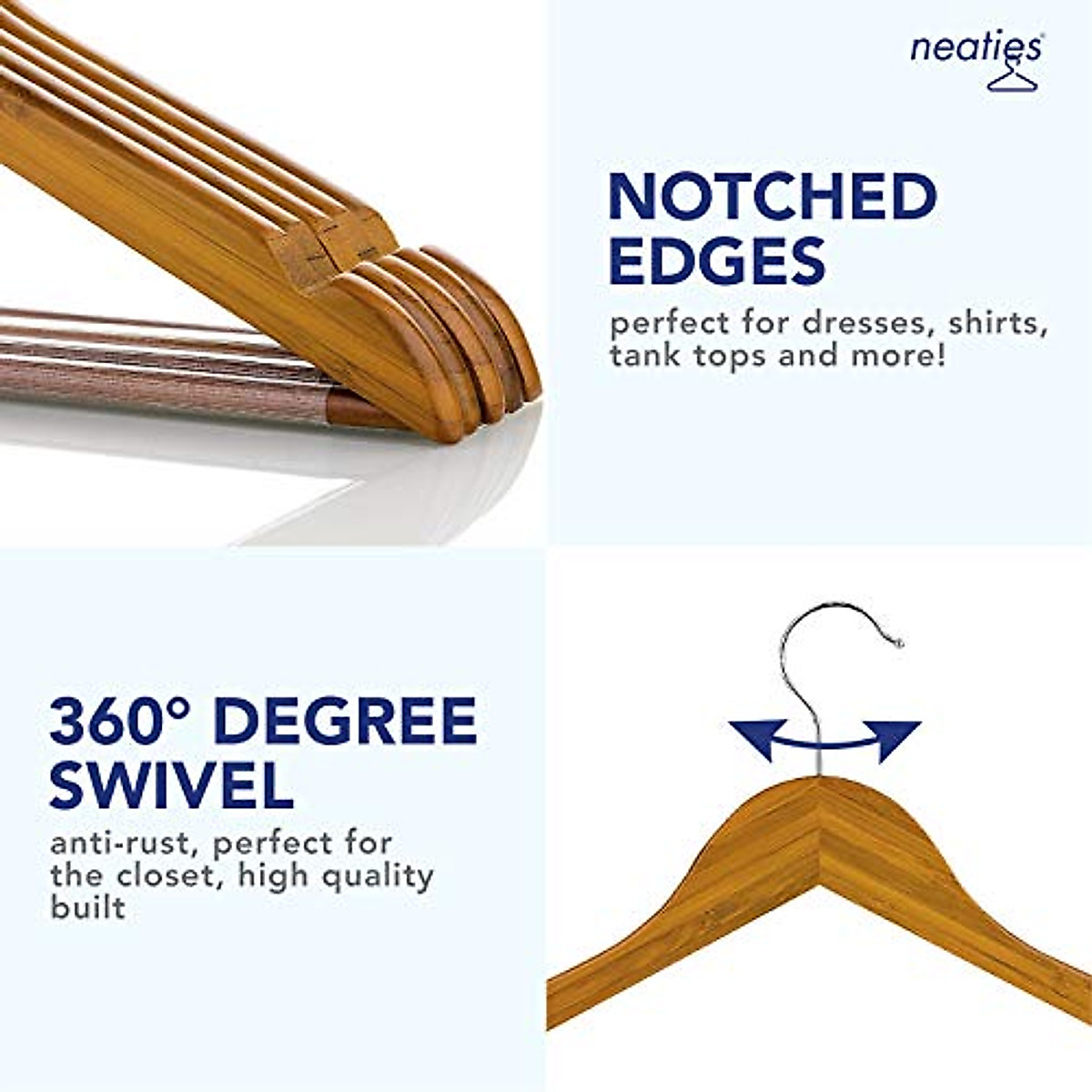 Neaties Bamboo Wood Hangers | Cherry Finish | with 360° Degree Swivel Hook & Smooth Cut Notches | 12Pack