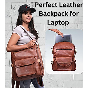 Genuine Leather Laptop Backpack for Women Designer Brown Leather Backpack Purse with 15.6-inch Laptop Computer Compartment Best for Work, Travel, and Daily Use