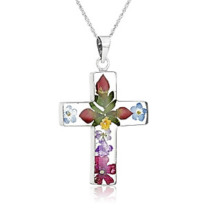 Amazon Essentials Sterling Silver Pressed Flower Multi-Colored Cross Pendant Necklace, 18" (previously Amazon Collection)